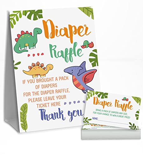 Diaper Raffle Game Sign and Card, Dinosaur Baby Shower Party Game Set, 1 Sign with 50 Raffle Tickets – DR10