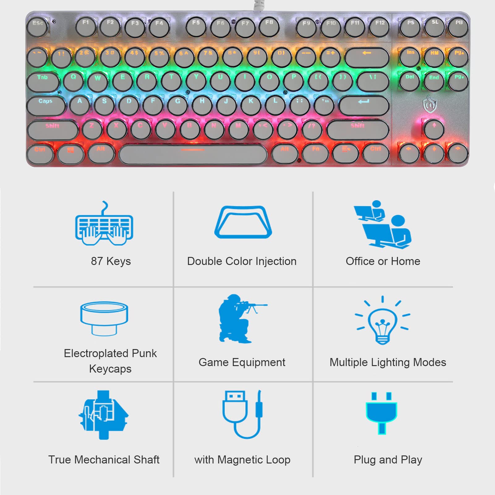 CHUYI Typewriter Style Mechanical Gaming Keyboard with Blue Switch, USB Wired Retro Steampunk Light Up 87 Round Keycaps with RGB LED Rainbow Backlit, for Computer PC Laptop (Black)