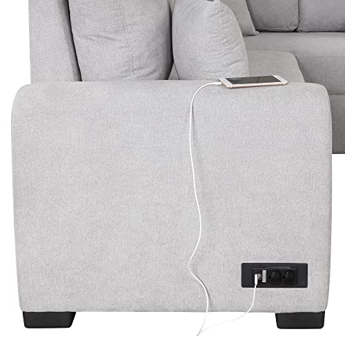 FANYE Pull-Out Sleeper Sofa Bed,L-Shaped Reversible Modular Sectional Couch Convertible Corner Sofá,4-Seat Chenille Upholstery Couches Chaise Lounge Sofacama with USB Ports,Plug Outlet and 3 Pillows