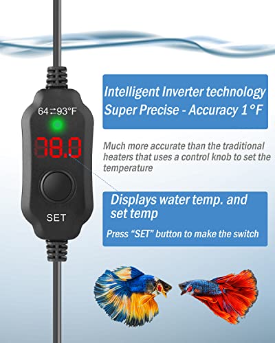 Kulife 5V/2A USB Powered 10W Super Mini Fish Tank Heater Adjustable Submersible Aquarium Heater Betta Heater Turtle Heater with LED Display Thermostat - for up to 1 Gallon Tanks