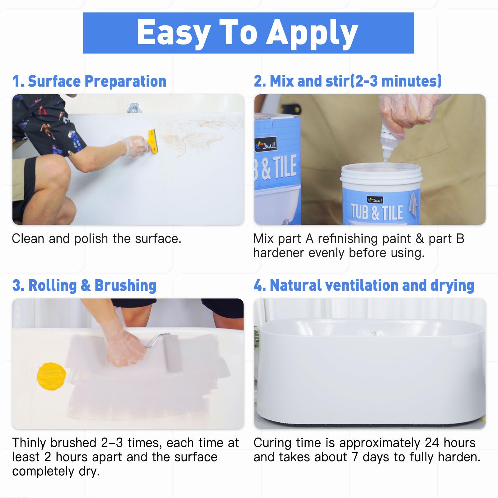DWIL Tile Paint, Tub and Tile Refinishing Kit with Tools, Tub Refinishing Kit White Bathtub Paint Water Based &Low Odor, Easy to Use Sink Paint for Bathroom Kitchen, Semi-Gloss White, 25-30sq.ft