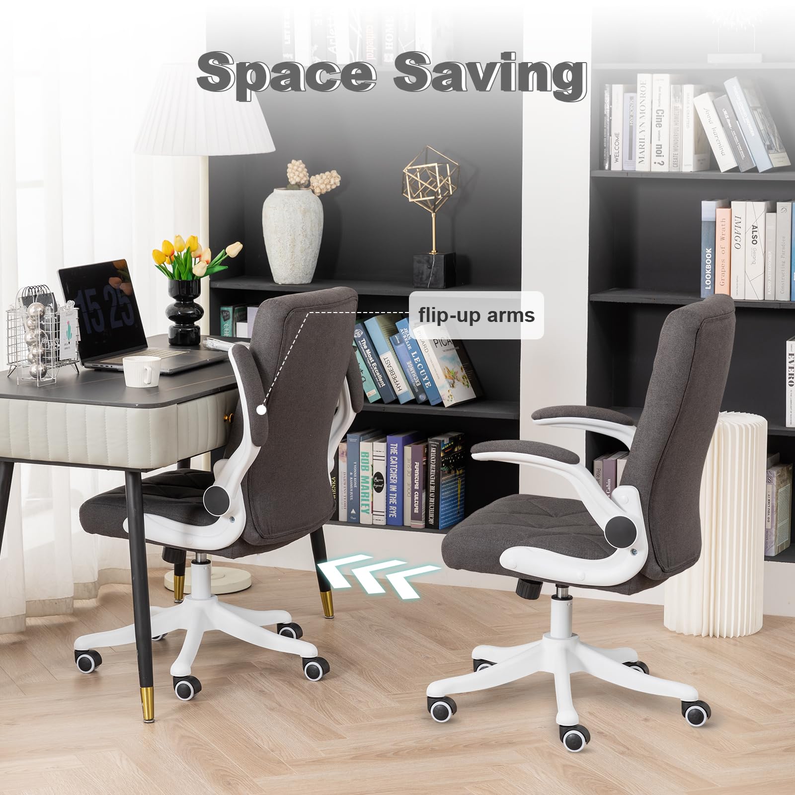 Home Office Chair, Comfy Chair Work from Home Essentials, Cloth Comfy Office Chair Comfortable Computer Chair with Wheels Swivel, Ergonomic Lumbar Support and Flip-up Armrests |Grey