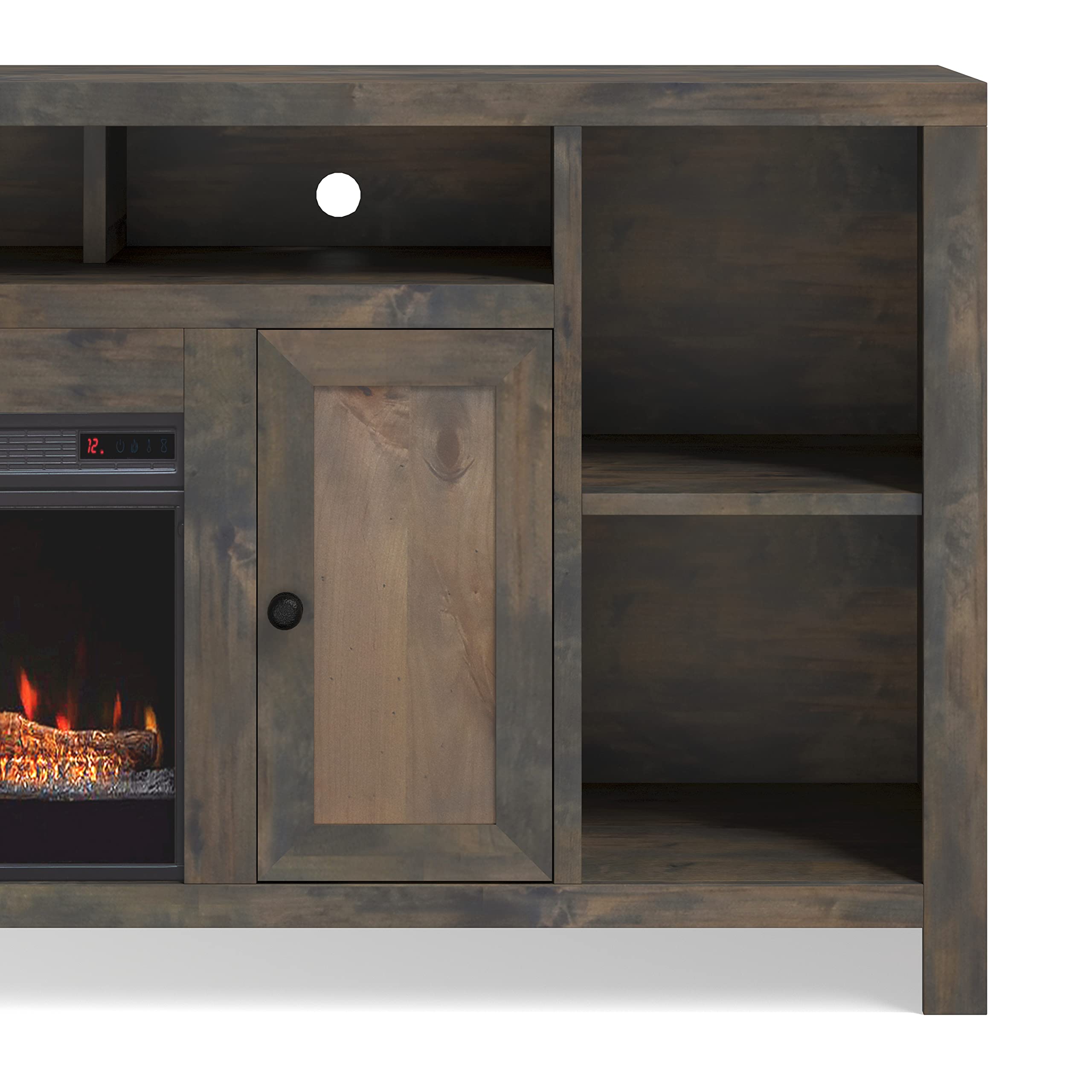 Bridgevine Home Rustic Joshua Creek Fireplace TV Stand Entertainment Center, Accommodates TVs up to 95 Inches, Fully Assembled Knotty Alder Solid Wood, 84 Inches, Barnwood Finish