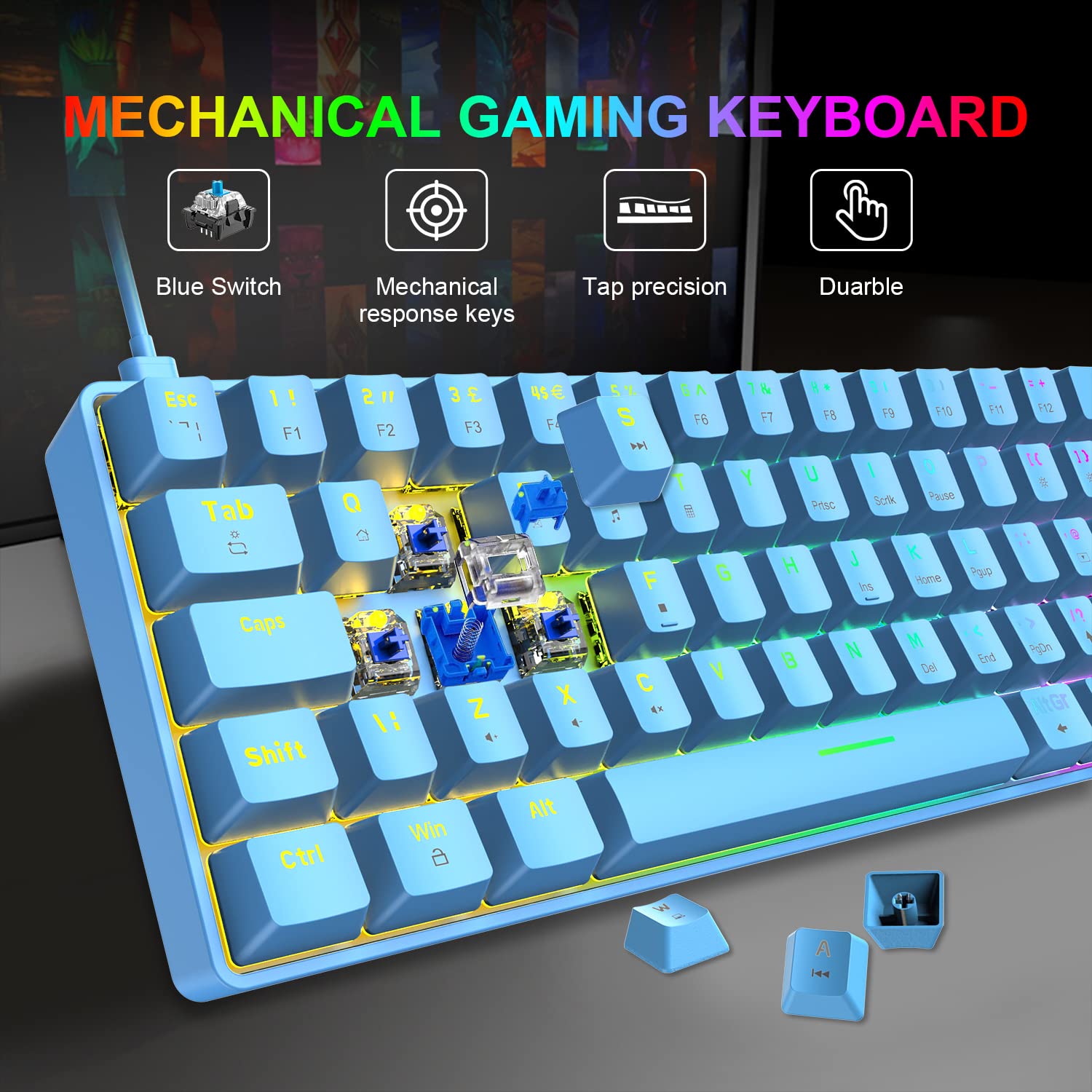 GK61Pro Mechanical Gaming Keyboard and Model Mouse Combo,Wired 18 Chroma RGB Backlit 62key Anti-ghosting Honeycomb Gaming Mouse 12000 DPI Ergonomic for Windows PC Gamers Typists(Blue/Blue Switch)
