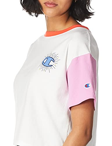 Champion Women's The Cropped Graphic Tee, White/Poppy Orange-586788, Medium