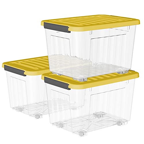 Cetomo 35L*3 Plastic Storage Box,Transparent, Tote box,Organizing Container with Durable yellow Lid and Secure Latching Buckles, Stackable and Nestable, 3Pack, with Buckle