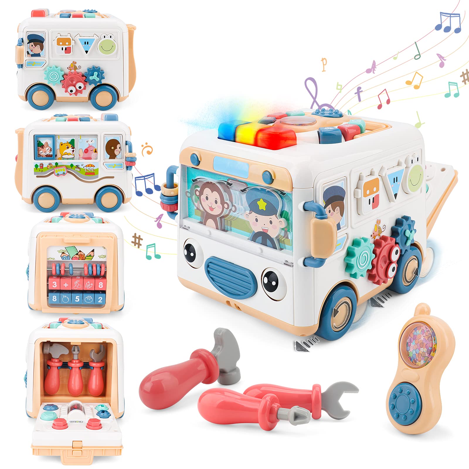 OWNONE 1 Baby Activity Cube Toy, Musical School Bus Toy for Toddlers 1-3, Learning Music Toy Birthday Gift for Baby Boys & Girls 1 2 3 Years Old