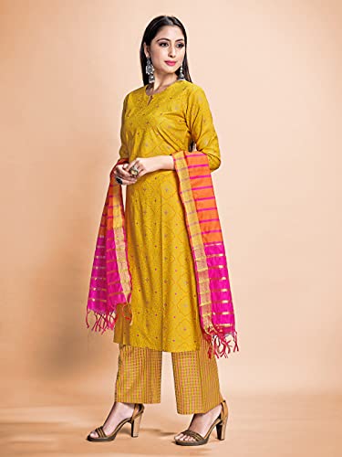 Indian Kurti With Pant & Dupatta For Womens |Rayon Printed Kurta Kurtis For Women Tunic Set Yellow