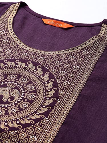 INDO ERA Indian Women's Magenta Cotton Blend Yoke Design Calf Length Straight Kurta Palazzo With Dupatta Set