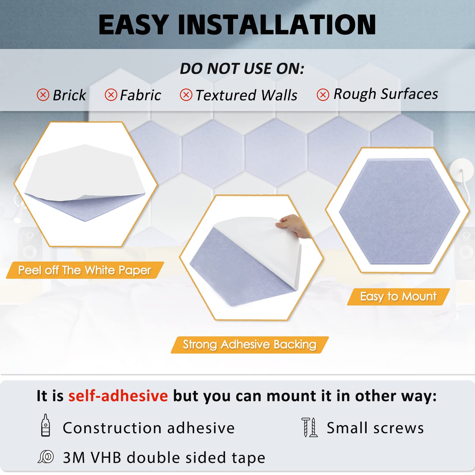 Troystudio Thickened Acoustic Panels Self-adhesive - 12 X 12 X 0.5 Inches 12 Pack Hexagon Sound Absorbing Panel, Recording Studio Acoustical Treatments Soundproof Wall Panels