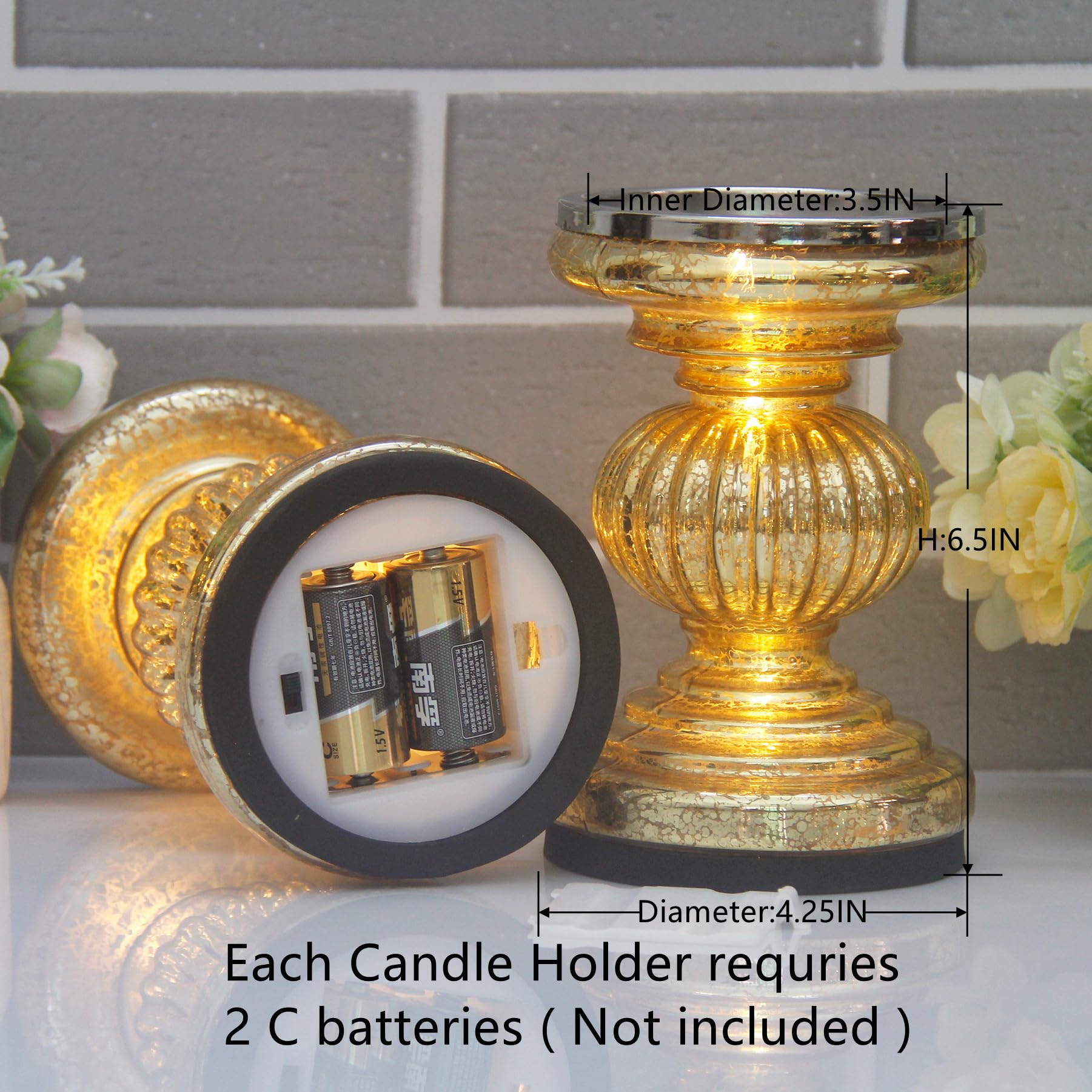CFDECOR Mercury Glass Pillar Candle Pedestal Holders with Lights Set of 2,Candle Holder for Pillar Candle,Candlestick Holders,Perfect Decoration for Wedding Home Dining Table Xmas (Blue)