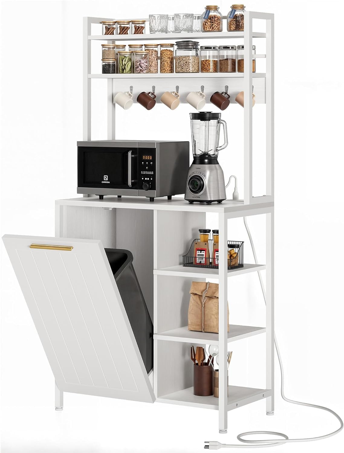 DWVO 10 Gallon Tilt Out Trash Bin Cabinet Rack with Power Outlet, Kitchen Tall Pantry Storage Cabinet Fit Garbage Can Tilt Out, Laundry Hamper for Kitchen, White