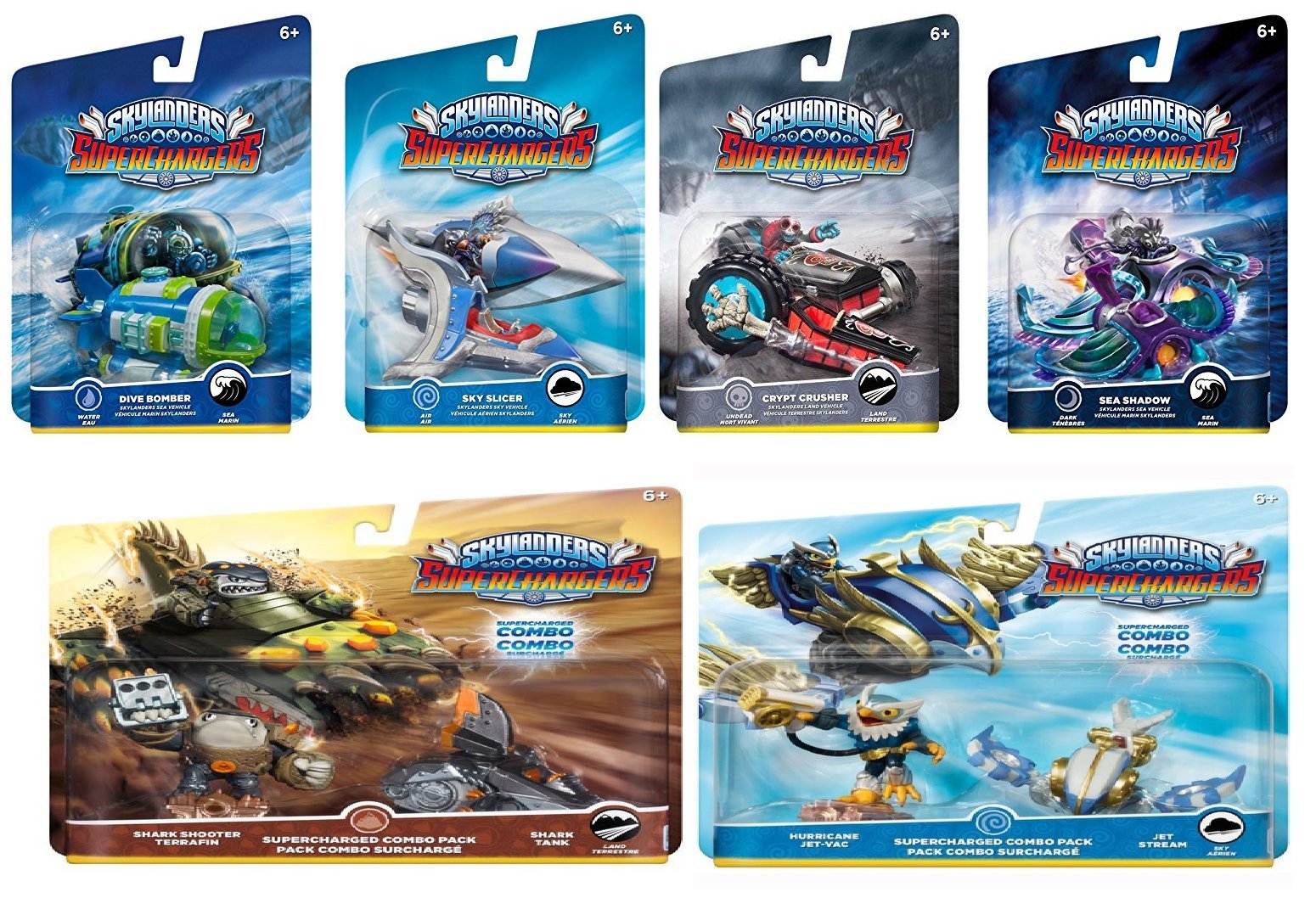 Skylanders SuperChargers 6 Pack Vehicle Starter Bundle! 6 Vehicles + 2 Characters: Dive Bomber, Sky Slicer, Crypt Crusher, Sea Shadow, Shark Shooter, Shark Tank, Hurricane Jet-Vac, Jet Stream