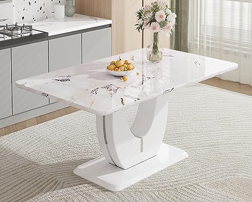 LKTART 63'' Dining Table Faux Marble White Desktop for Kitchen Dining Living Room