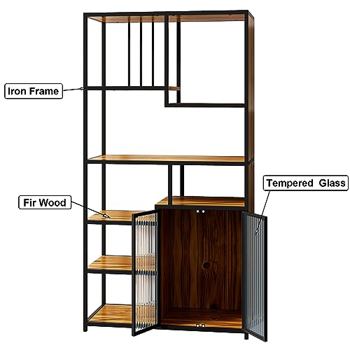 Industrial Bookshelf 69 Inch Tall Etagere Bookcase, Display Shelf with Open Storage Shelves and Right Side Cabinet, Modern Bookcases with Metal Frame for Home Office Living Room and Bedroom, Right