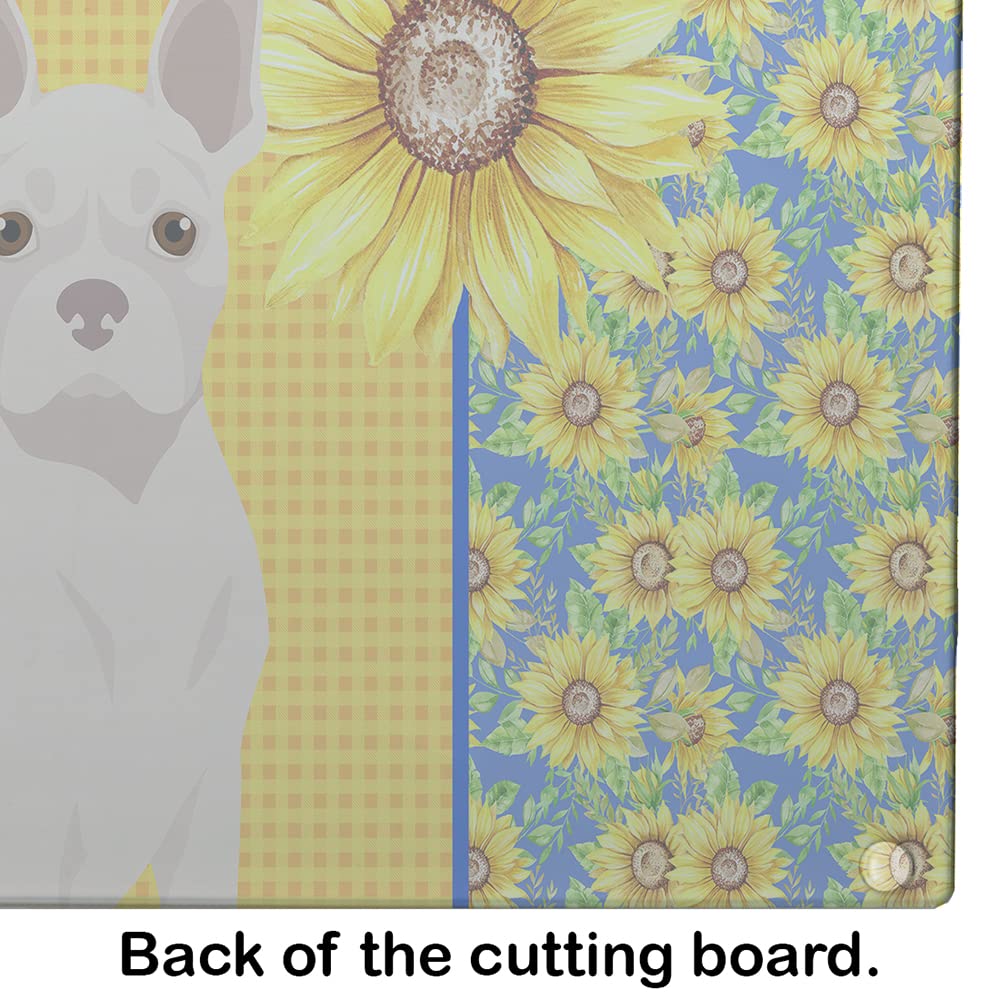 Caroline's Treasures WDK5335LCB Summer Sunflowers White Boston Terrier Glass Cutting Board Large Decorative Tempered Glass Kitchen Cutting and Serving Board Large Size Chopping Board