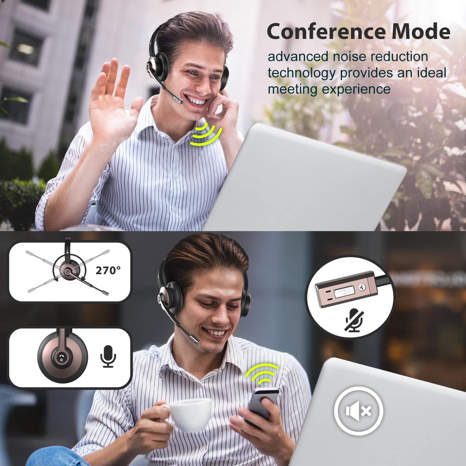 Earbay Wireless Headset, Bluetooth Headsets with Microphone Noise Cancelling, On Ear Headphones with Mic Mute, Handsfree PC Headsets for Zoom/Ms Teams/Skype/Dual Connect/Laptop/iPhone/Tablet