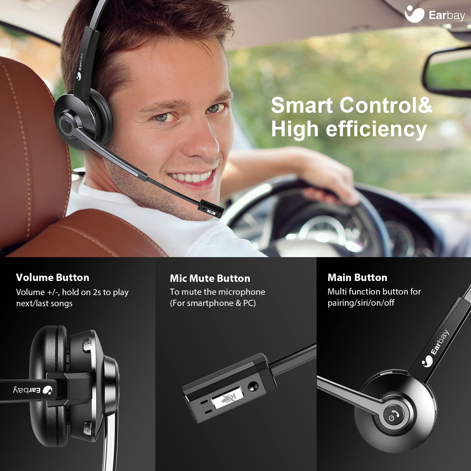 Earbay Wireless Headset, Bluetooth Headset with Microphone Noise Cancelling & Mute, Wireless Headphones with 28h Talk Time for Work,White Computer Headset for Office Skype Zoom Call Center
