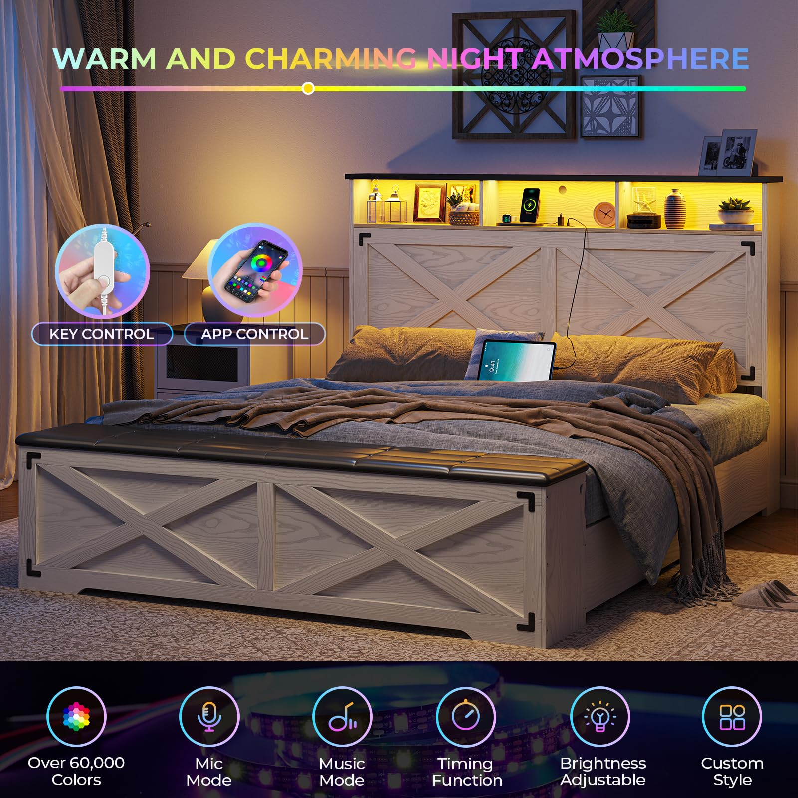 DICTAC Farmhouse Queen Bed Frame with Storage Headboard, Charging Station and LED Lights Queen Size Platform Bed Frame with Storage Ottoman, Metal Slats Support, No Box Spring Needed, Antique White