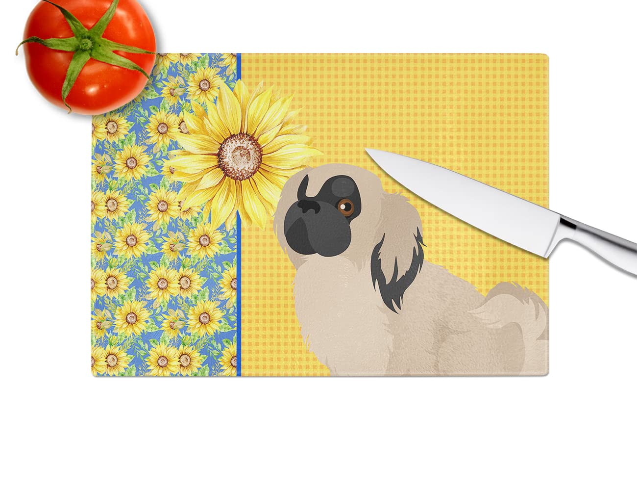 Caroline's Treasures WDK5453LCB Summer Sunflowers Cream Pekingese Glass Cutting Board Large Decorative Tempered Glass Kitchen Cutting and Serving Board Large Size Chopping Board