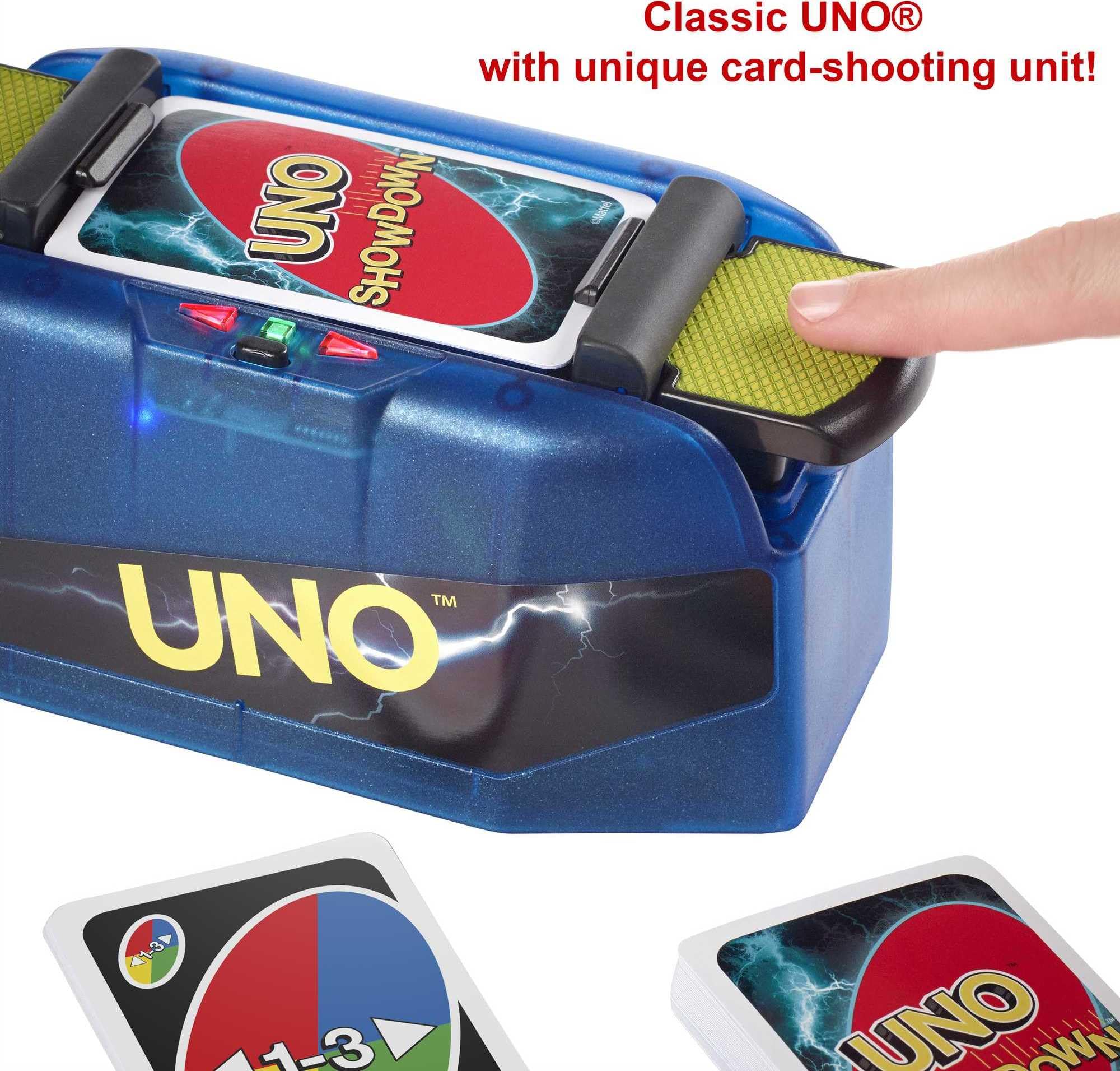 Mattel Games UNO Showdown Supercharged Card Game for Family Night with Electronic Card Launcher, Lights & Sounds (Amazon Exclusive)