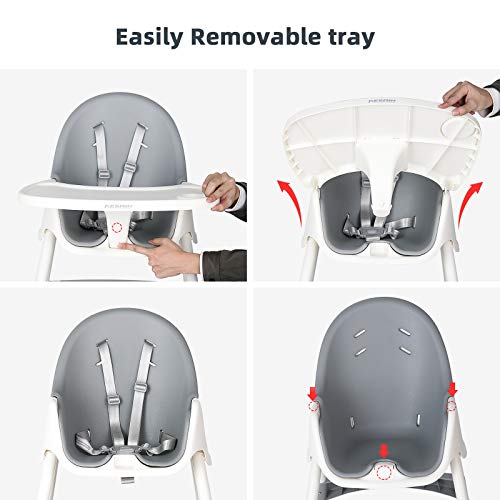 KESAIH High Chair, Height Adjustable High Chairs for Babies and Toddler with Easy-Clean Pu Cushion, Removable Tray, Adjustable Feet, 5 Point Safety Harness, Modern Toddler High Chair (Grey)1