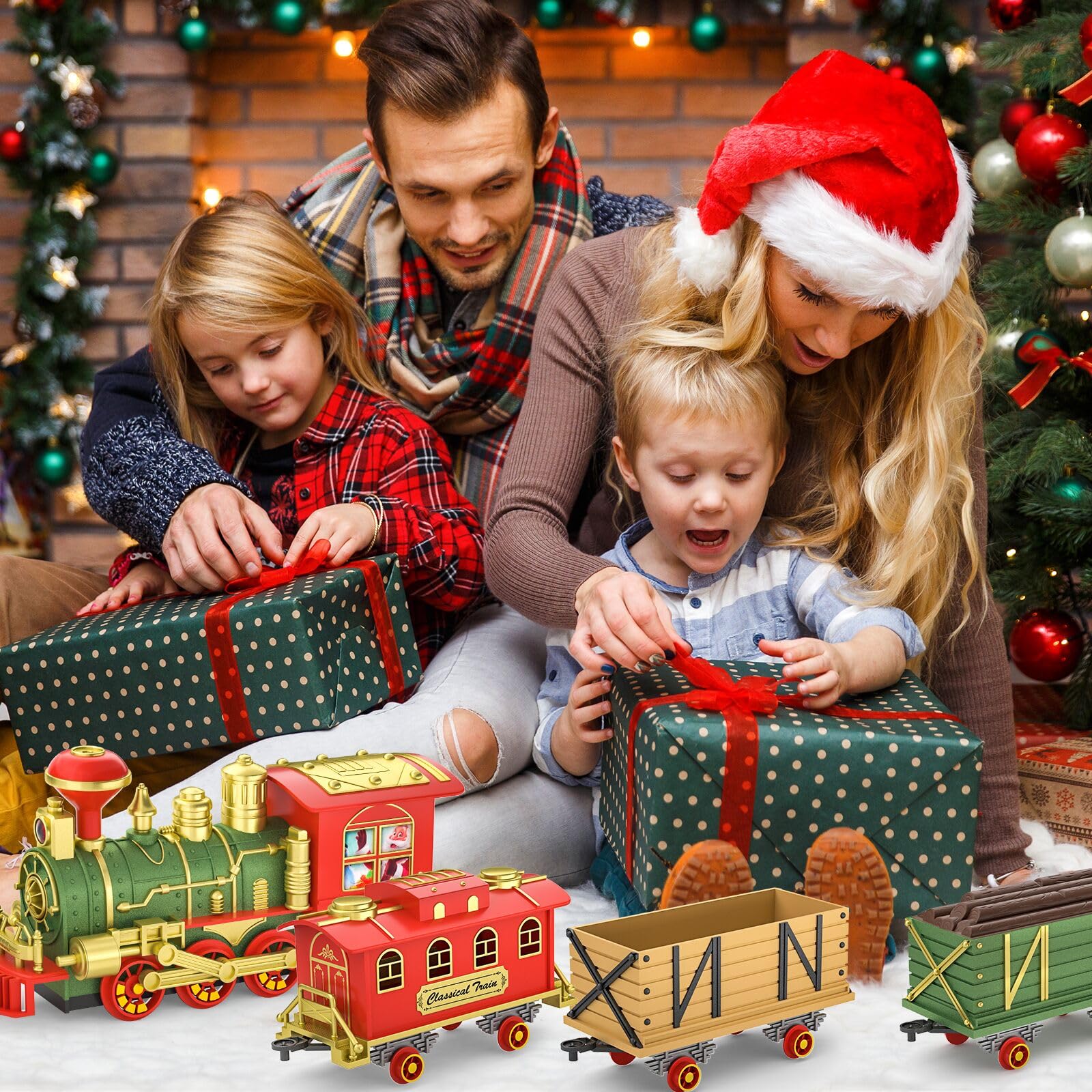 Christmas Train Set, Electric Train Around Tree w/Smoke Light & Sound for Kids Train Toy, Steam Locomotive Engine, Cargo Car and Train Tracks