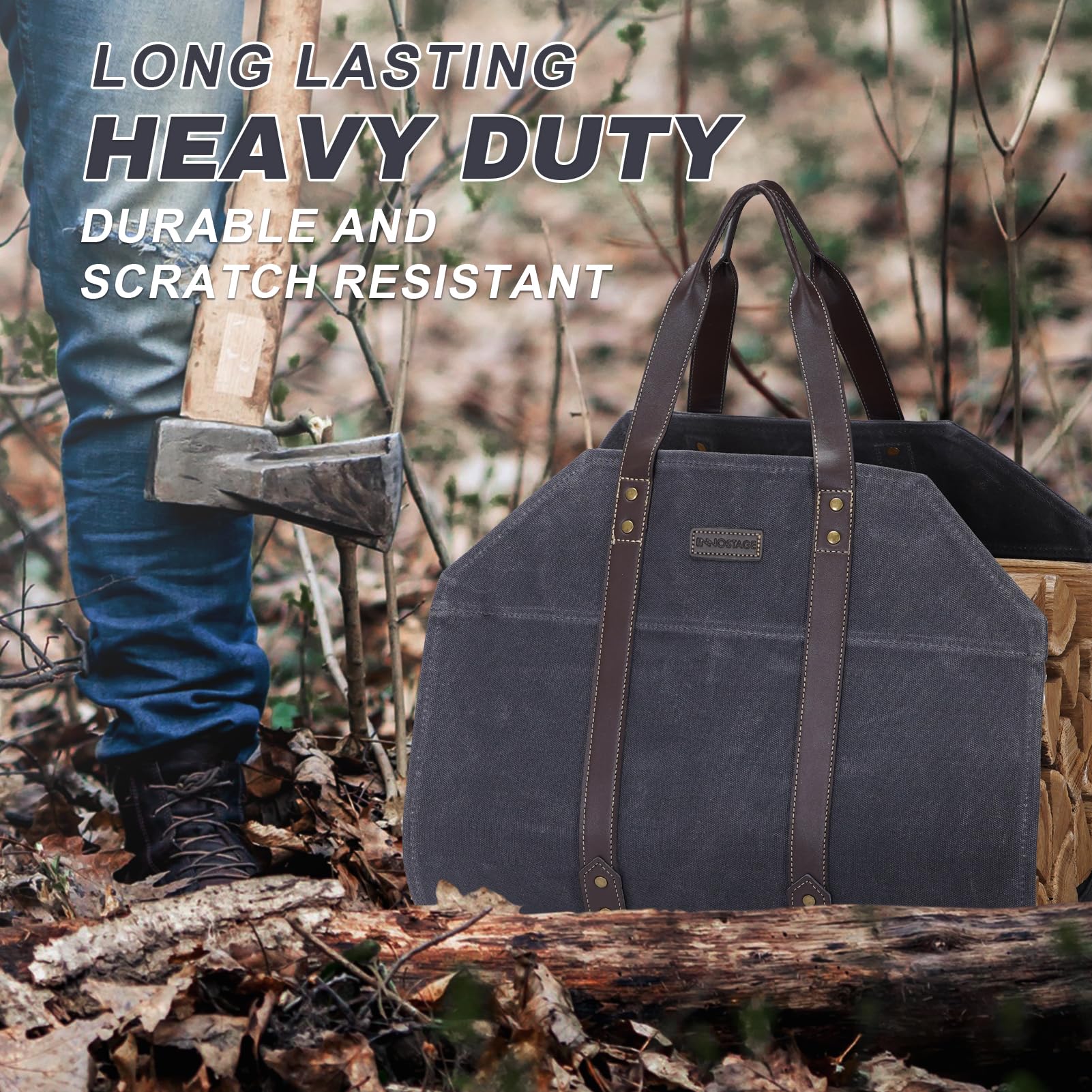 Log Carrier|Waxed Canvas Log Holder|Firewood Carrier Tote Bag|Fireplace Wood Stove Accessories-Grey