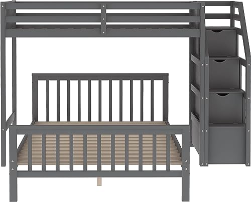 Harper & Bright Designs Twin Over Full Bunk Beds with Storage Stairs, Wooden Stairway Bunk Beds with Removable Bottom Bed and Guardrails for Kids Girls Boys,No Box Spring Needed (Grey)