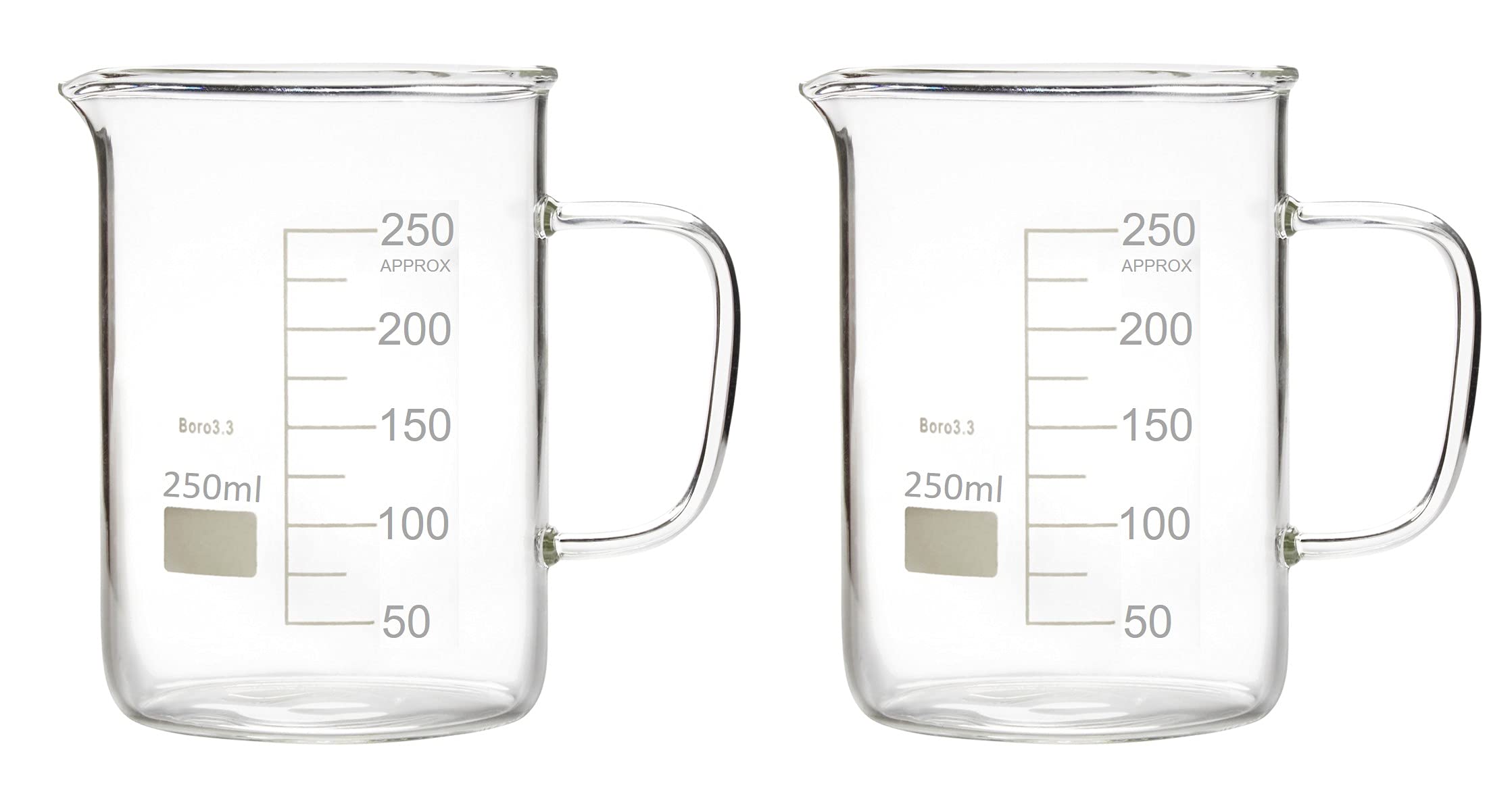 Labnique Glass Beaker with Handle, Beaker Mug with Pouring Spout, 250ml (8.4oz), Pack of 2