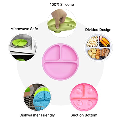 PlusLove Silicone Suction Plate– 100% Silicone Baby Plate, Toddler Plate, Kid Plates, Divided Plate With Suction Feature |Baby Led Weaning Plate| 3 Pack (Orange, Yellow, Teal, With Lids)