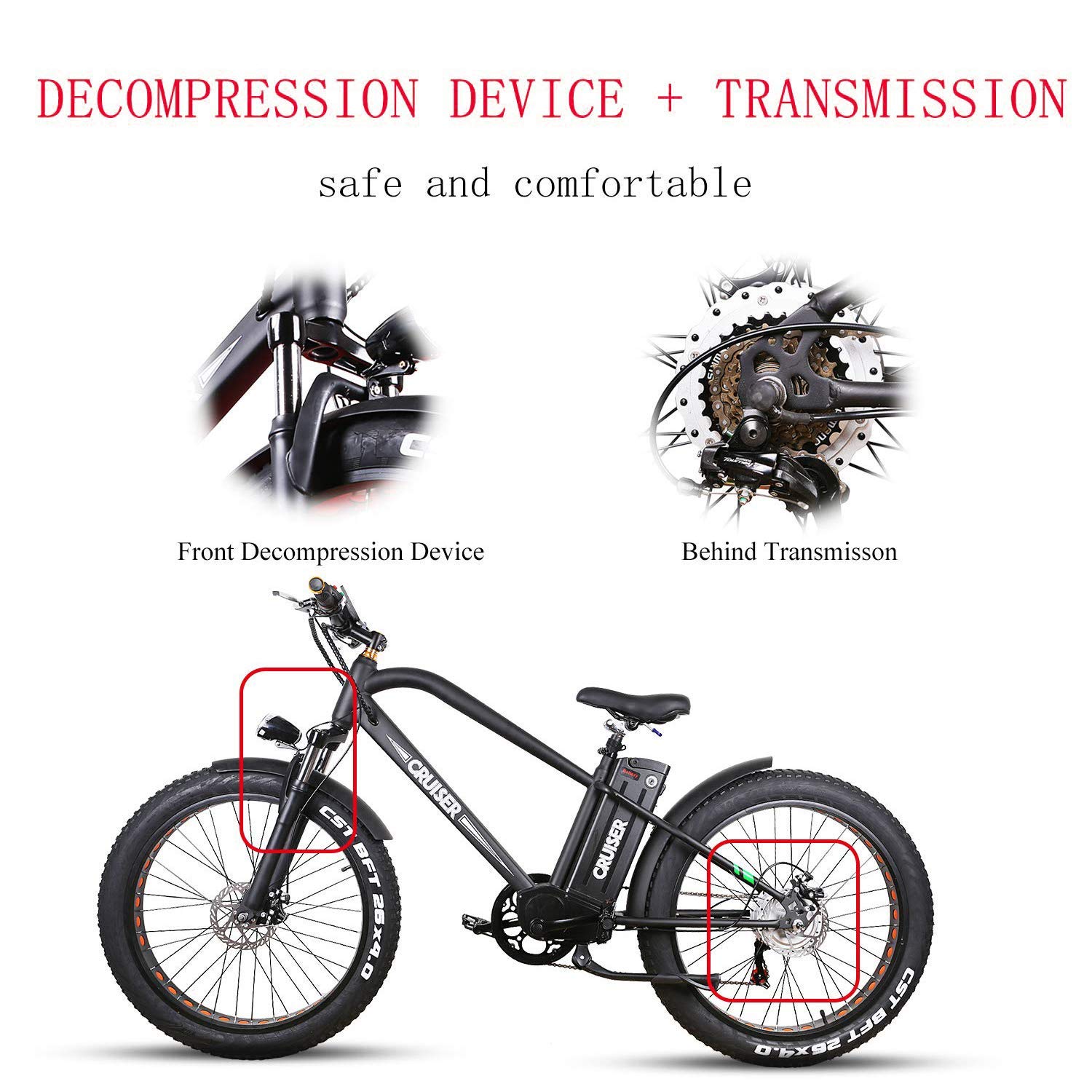 BRIGHT GG Super Cruiser 26'' Electric Bicycle 6 Speed Fat Tire Ebike with 500W Brushless Motor and 48V 12AH Lithium Battery,with Shock Absorption