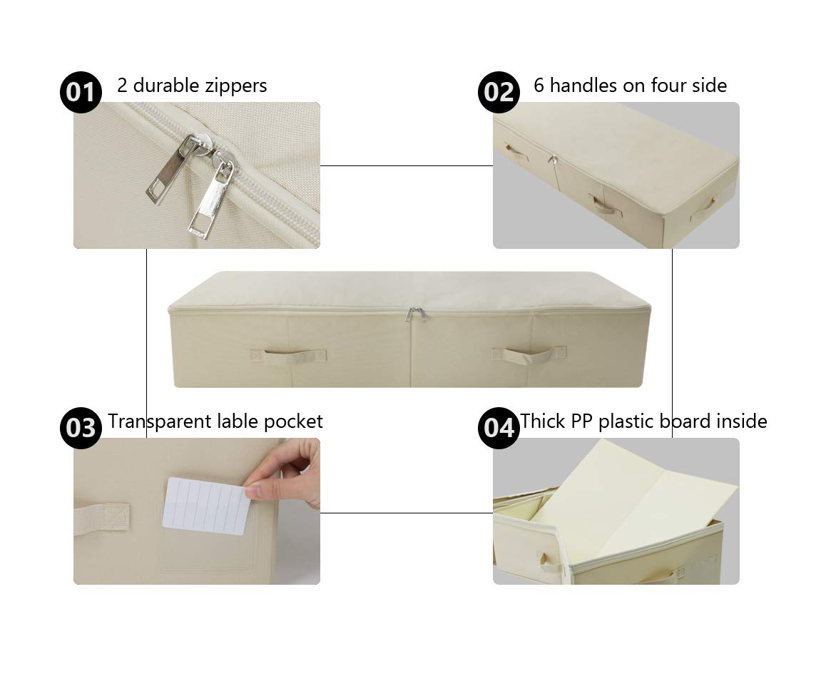 iwill CREATE PRO Pack of 2, 39.4" Large Size Folding Underbed Storage Organizer Boxes with Lid, Folding & Washable, 6 Handles on All Sides, Beige