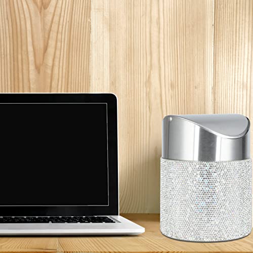 KEYPOWER Bling Rhinestone Mini Trash Can Tiny Waste Can with Swing Lid Stainless Steel,Suitable for Countertop,Car,Table Desk(White)