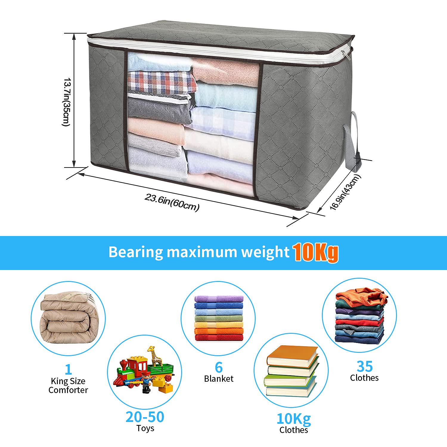 Txtsegose Large Capacity Clothes Storage Bag,Capacity Storage Bins with Clear Window, Closet Organizer with Reinforced Handle, Storage Containers Foldable with Sturdy Zipper, 3 Pack, (Gray).