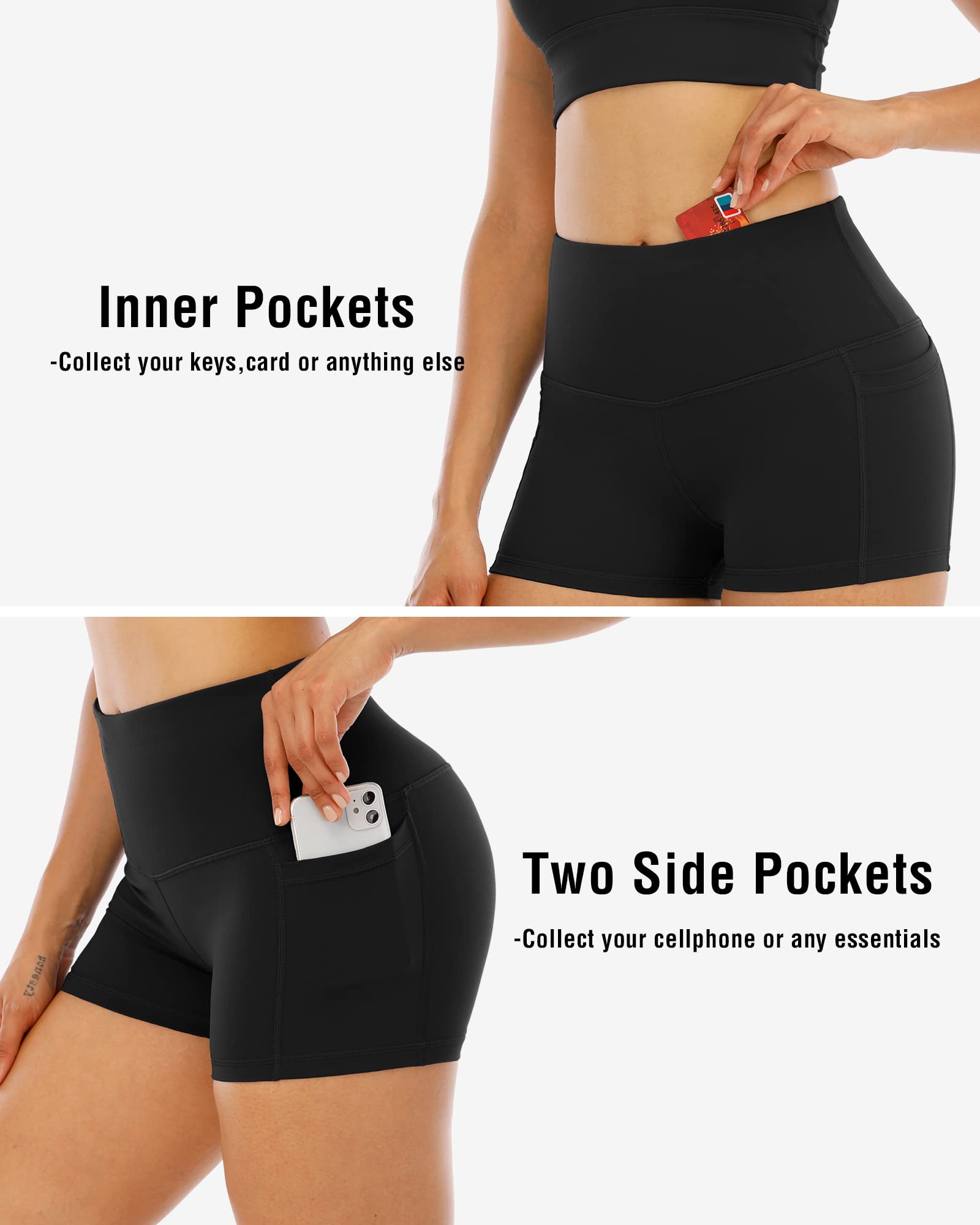 CHRLEISURE Spandex Yoga Biker Shorts with Pockets for Women, 3'' / 5'' / 8'' Workout Booty Shorts (3“ Black, S)