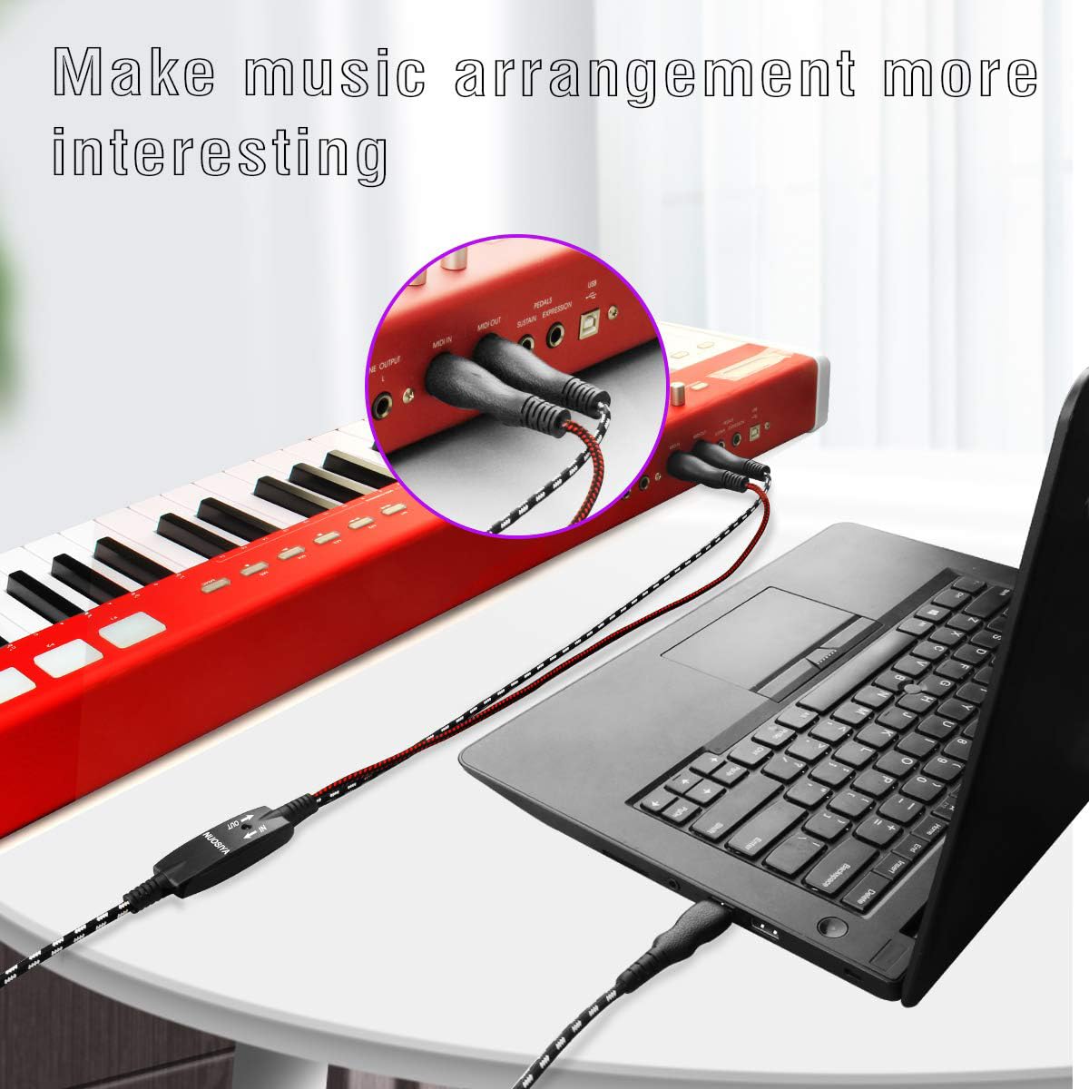 NUOSIYA MIDI Cable, MIDI to USB Interface Cable 4.5FT,MIDI Interface in-Out to USB Cord Adapter with Indicator for Piano Keyboard to PC Mac Laptop,Arranger Keyboard Tool