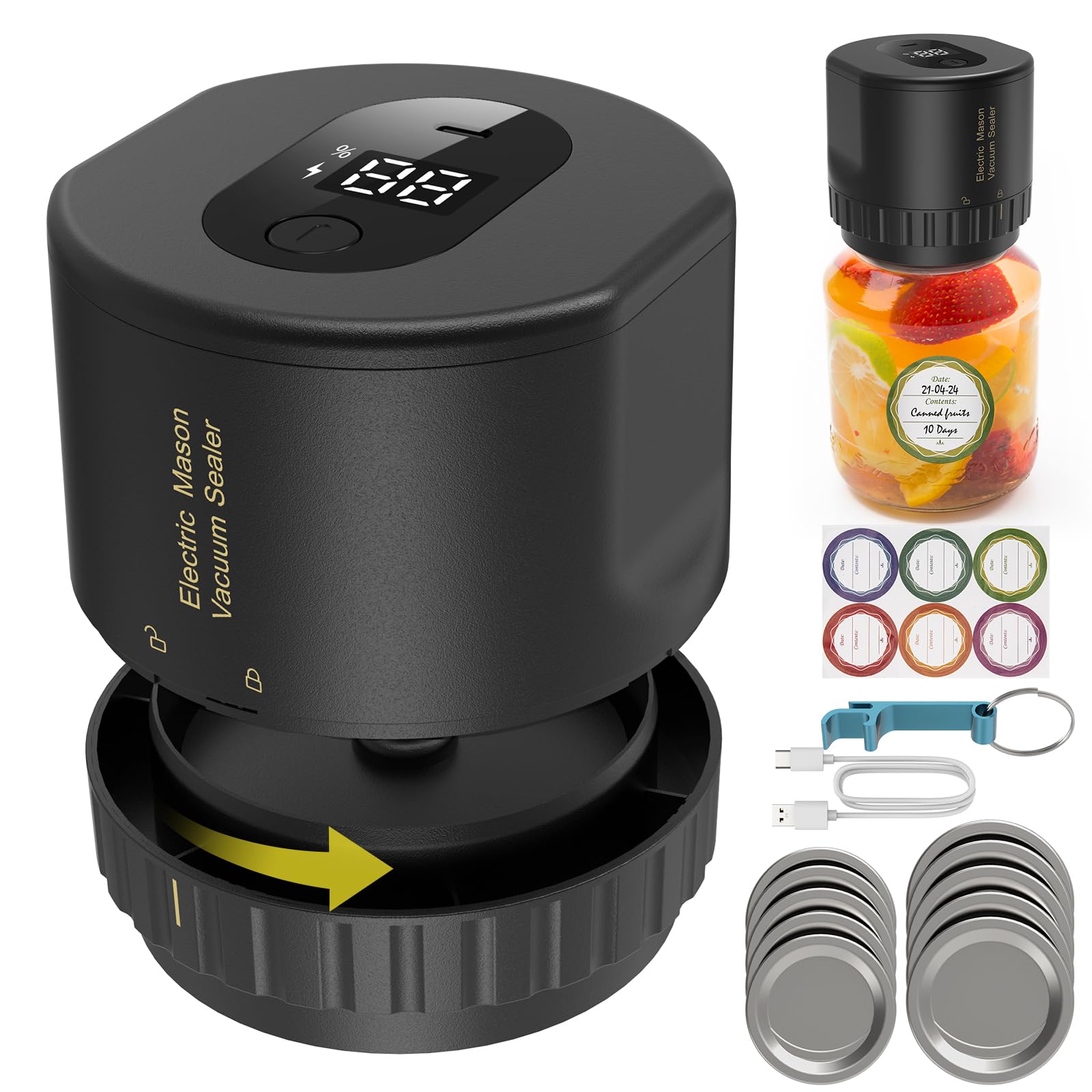 Electric Mason Jar Vacuum Sealer - Jar Vacuum Sealer Kit for Mason Jars with Wide & Regular Mouth for Food Storage, Vacuum Sealing Machine, Multifunctional All-in-One Cordless Canning Vacuum Sealer