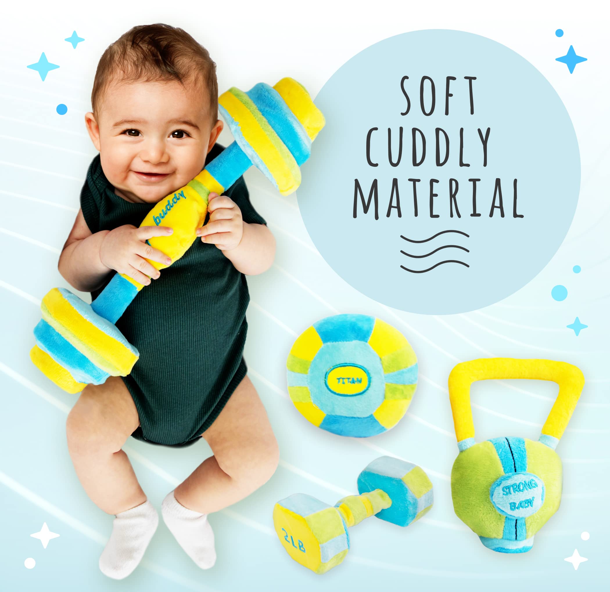 Skywin Baby Workout Toys Fit Training - Baby Shower Set of 4 Soft, Durable and Safe Plush Baby Rattle Toys for Ages 0+