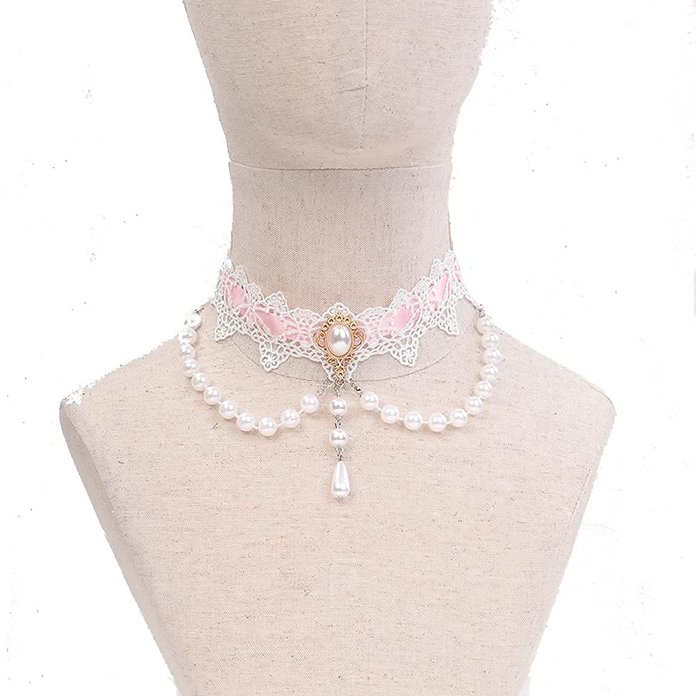 Chargances Gothic Halloween Pink Pearl Lace Necklace for Women Lolita Halloween Decorations Party Accessory