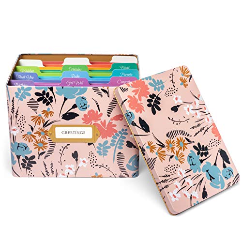 Jot & Mark Greeting Card Organizer Box Set | Decorative Recipe Tin Box, Tab Dividers, Matching Greeting Cards and Envelopes (Meadow)