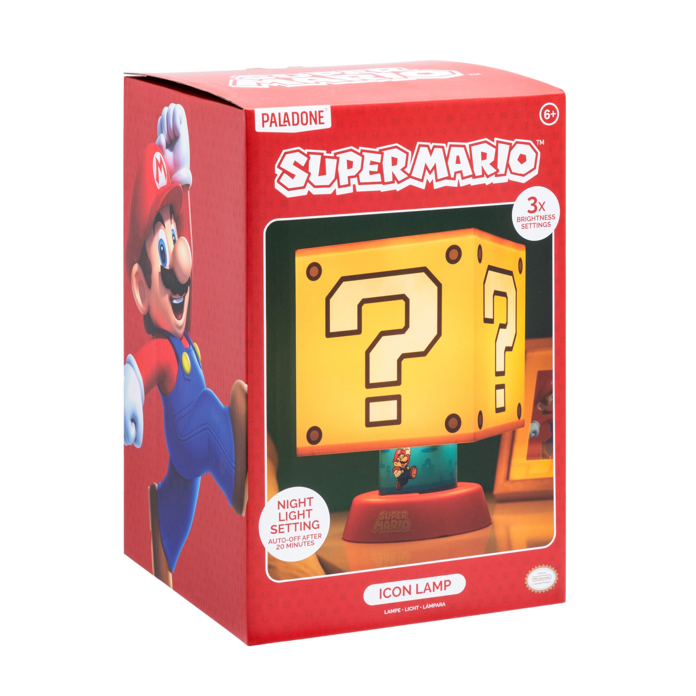 Paladone Super Mario Icon Lamp with 3 Brightness Settings and Auto Shut Off, Nintendo Game Merchandise and Themed Bedside Decor for Kids