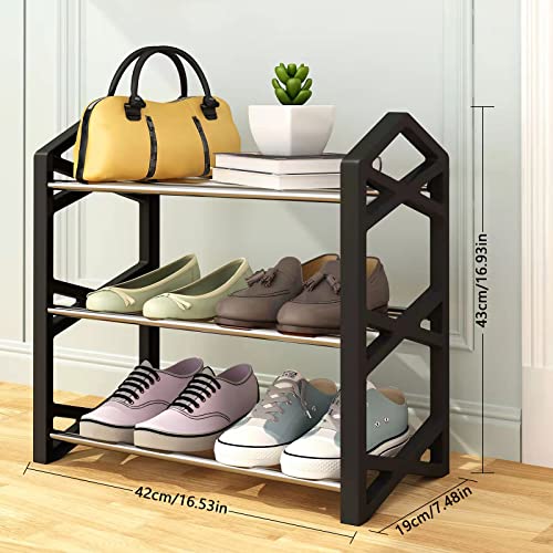 LODFHLL 3-Tier Small Shoe Rack,Metal Lightweight Shoes Shelf Multifunctional Organizer Stackable Stand Footwear Display Shelf,for Closet Hallway Entryway Living Room Bedroom (3-Tier Black Shoe Rack)