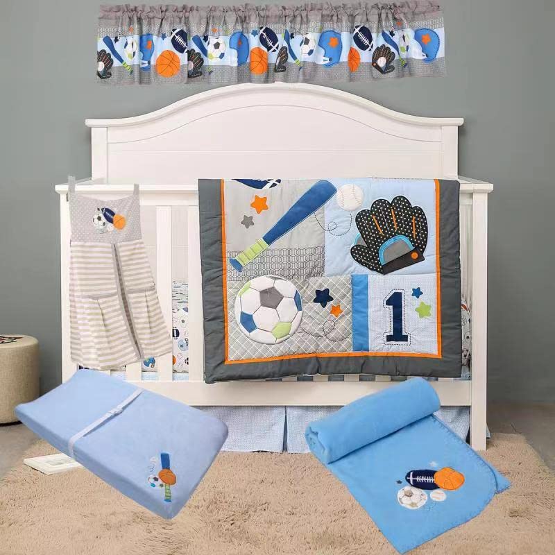 JAHbaby 7 PCs Blue Sports Theme Nursery Crib Bedding Set Baby Boy Love Sport Standard Crib Bedding Set 28 X 52