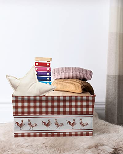 Farmhouse Rooster Storage Bins 1 Pack, Large Waterproof Storage Baskets for Shelves Closet, Rustic Farm Animals Red White Plaid Storage Basket Foldable Storage Box Cube Storage Organizer with Handles