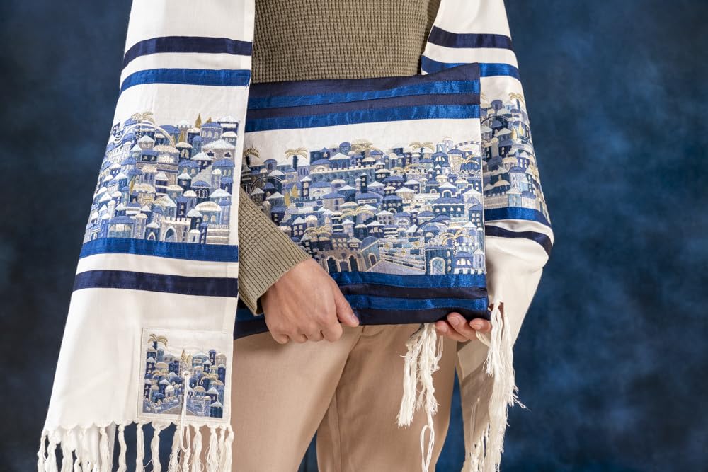 Yair Emanuel Premium Tallit Silk Embroidered Jerusalem Vista | Blue and White Tallis Prayer Shawl