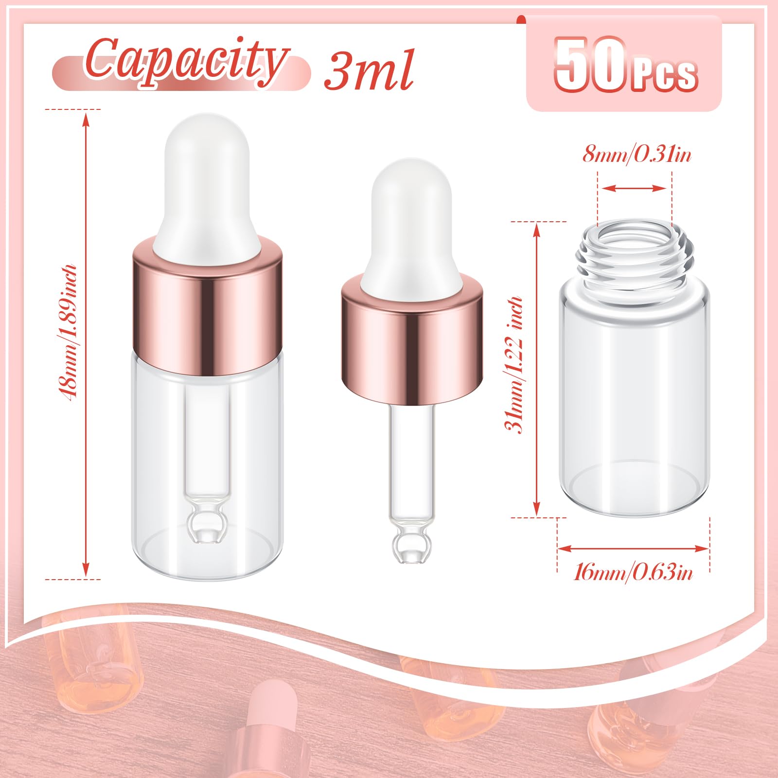 Didaey 50 Pcs Mini Glass Dropper Bottle Clear Essential Oil Sample Bottles Glass Tiny Dropping Sample Containers Cosmetic Sample Vials with Cap for Perfume Cosmetic Liquid Traveling(3 ml)
