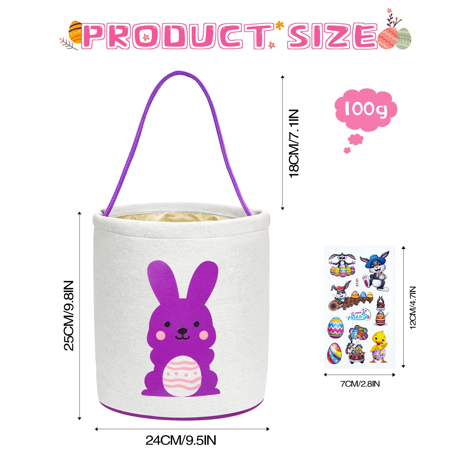 Easter Baskets for Kids, Easter Bunny Canvas Bags with 10Pcs Cute Tattoo Stickers for Easter Egg Toy Hunting, Reusable Candy Gifts Storage Baskets, Easter Decorations Party Supplies