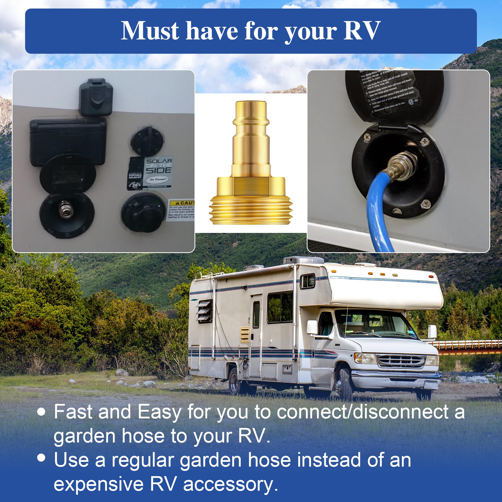 Dreyoo Quick Connector Hose Adapter Replacement for PF247007, 1/2" Quick Connector for 3/4" Garden Hose RV Spray Port Outlet and Spray Away, Quick Connectors Adapter with PTFE Tape, Brass(2 Pcs)