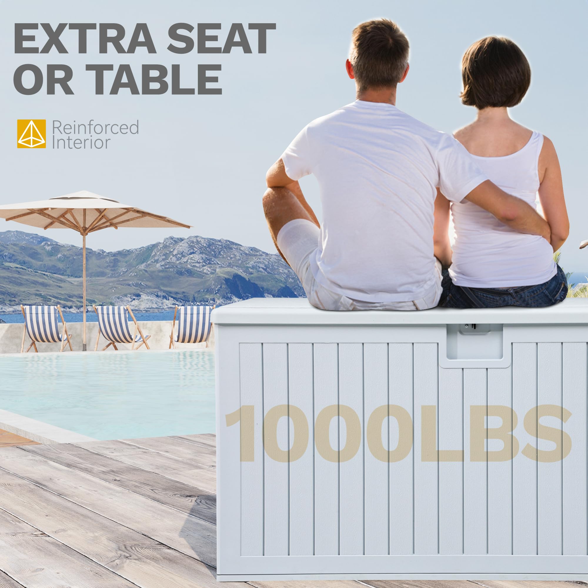 DWVO 90 Gallon Double-Wall Deck Box, Large Resin Outdoor Storage Box, Lockable & Waterproof, Double as Seating, 450lbs Capacity (Grayish-White)